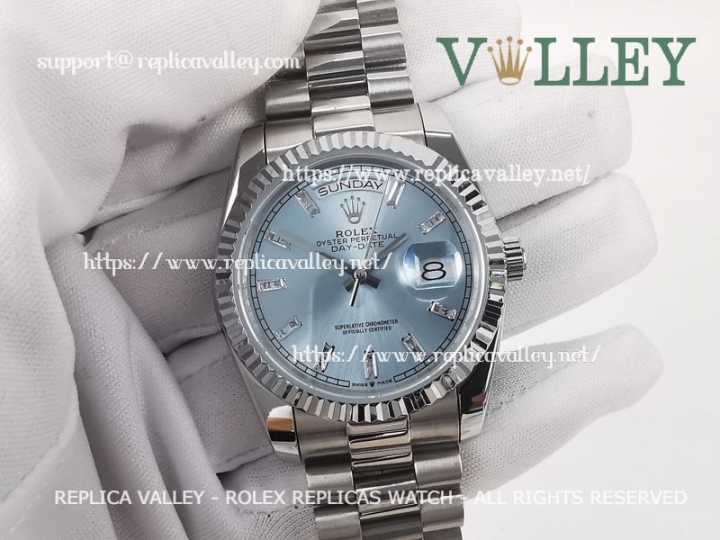 Rolex Replica Day-Date 128236 Fluted Bezel Ice-Blue Baguette Dial
